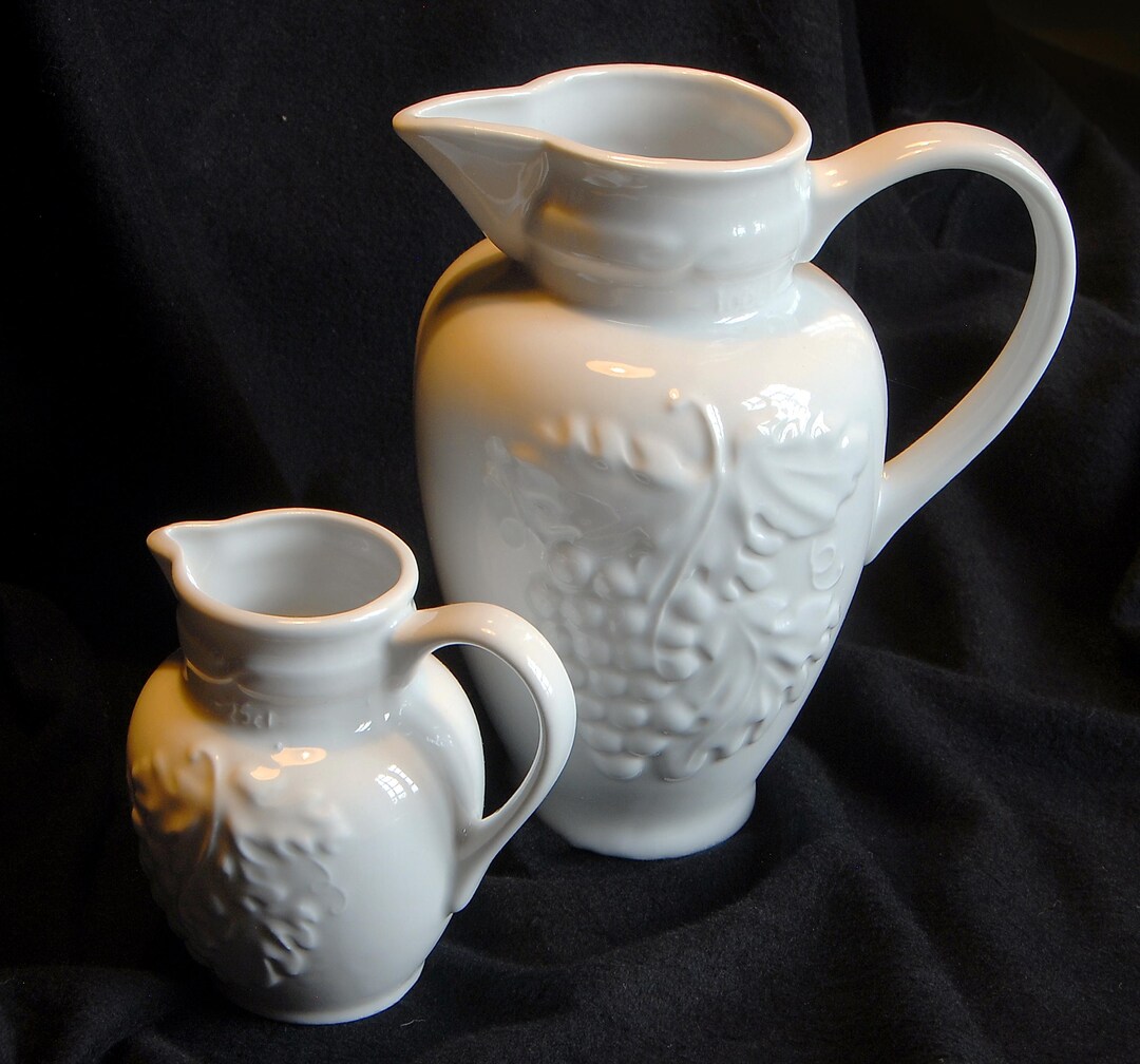 White Ceramic Wine Pitchers With Embossed Grape Cluster Motifs ...