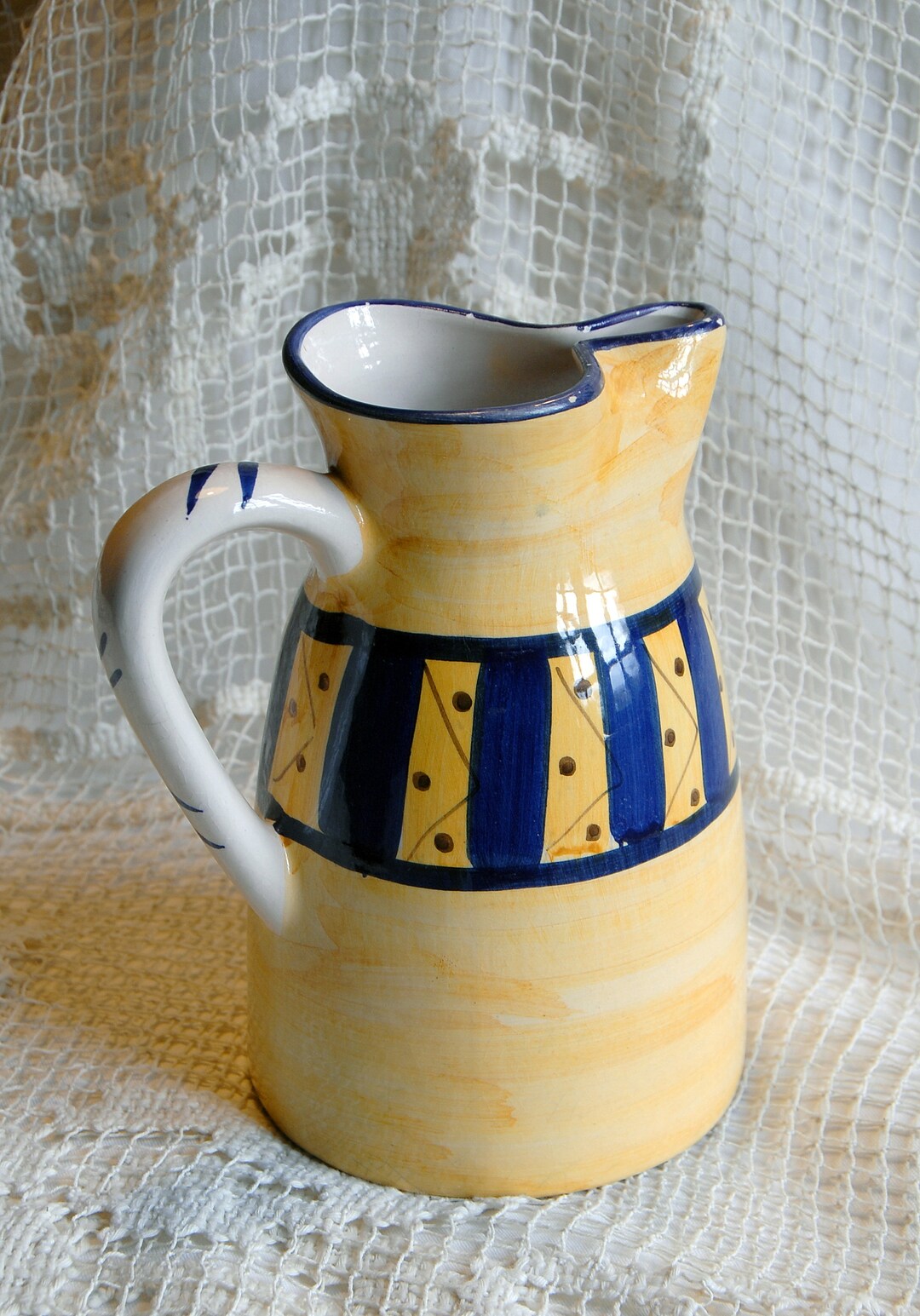 Vintage Yellow Ceramic Pitcher With Blue Patterns. - Etsy