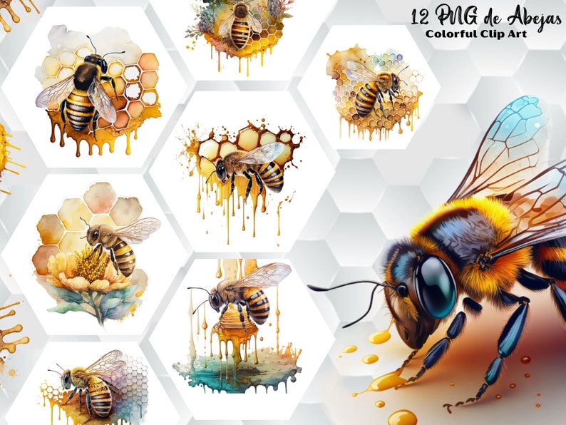 Bees on Honeycomb With Honey Clipart, 12 Watercolor Bees in PNG Format ...