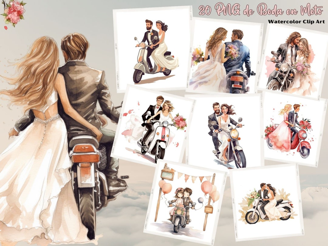 Clip Art of Bride and Groom on Motorcycle, 20 Wedding Drawings in Pngs ...