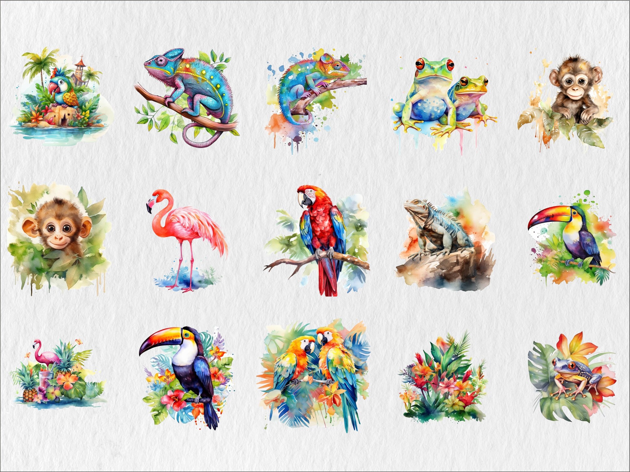 Watercolor Tropical Animals Clipart, 15 PNG Images of Rainforest ...
