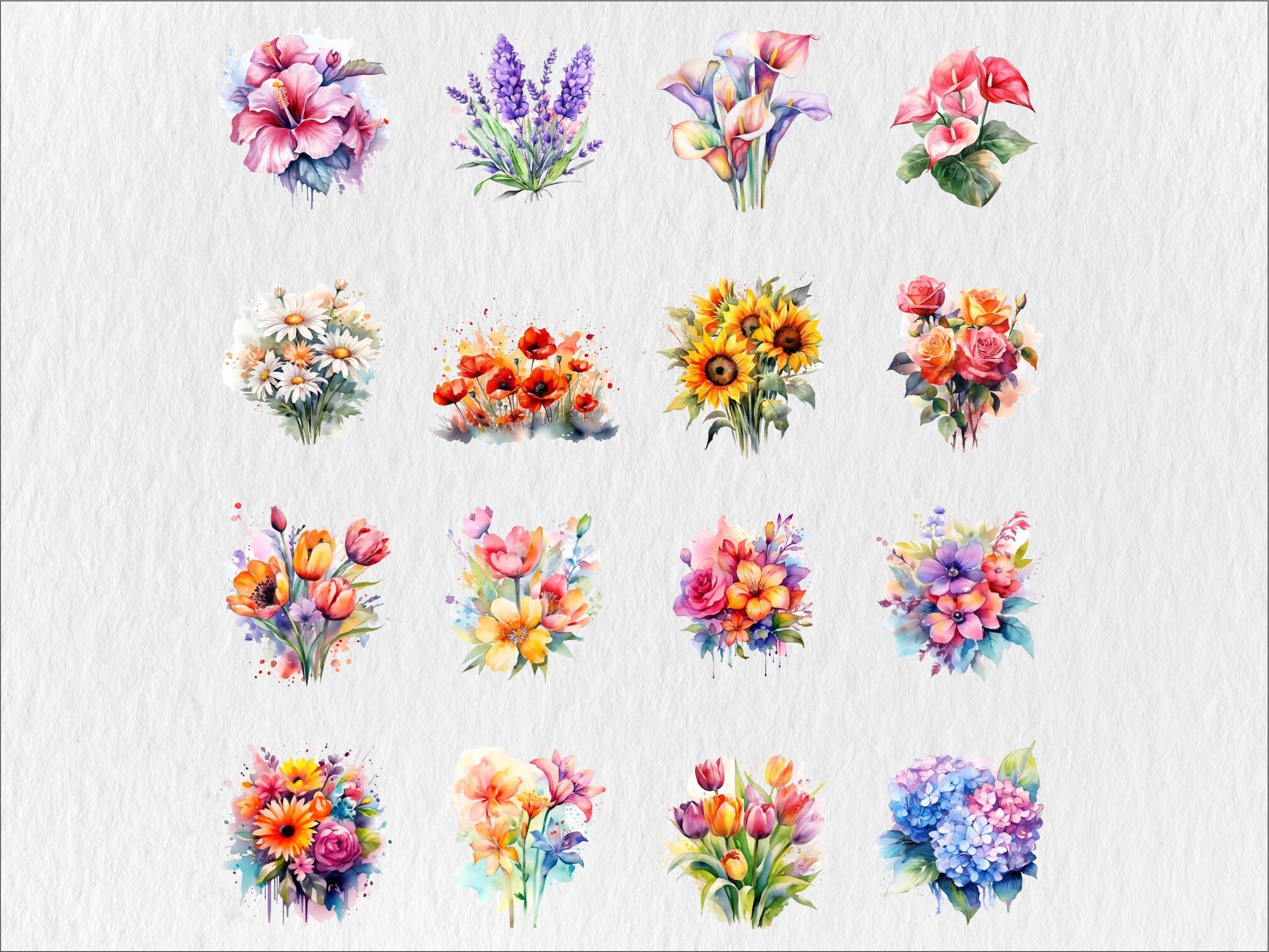Watercolor Flower Clip Art, Digital File of 16 Flower Sets in PNG ...