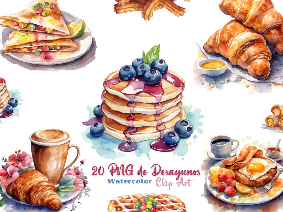 Watercolor Breakfasts Clipart, 20 Images of Pastries, Coffees and ...