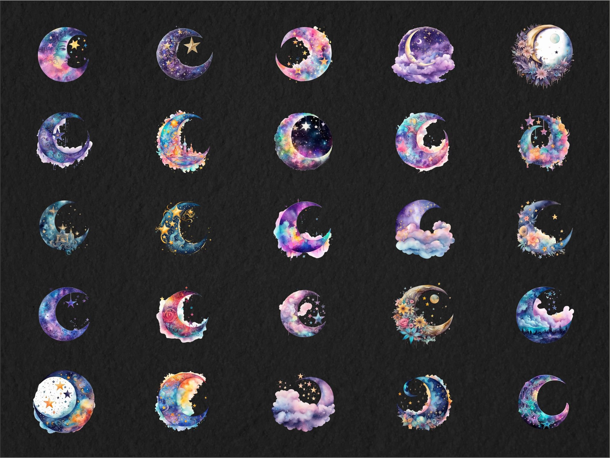 Clipart de lunas acuareladas,25 imágenes de lunas y estrellas flores y ...