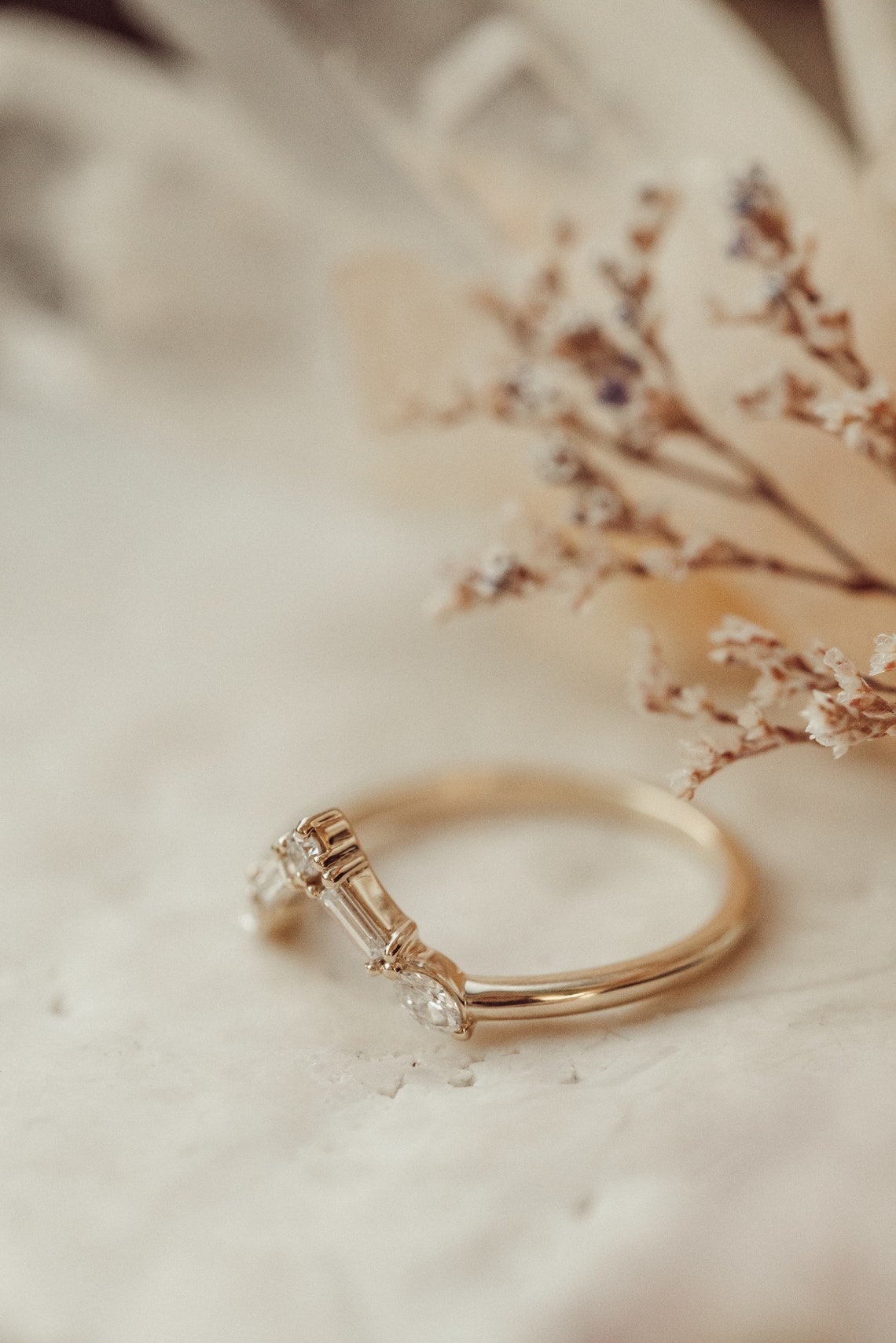 Multi Stone V Shape Solid 10K Yellow Gold Promise Band, Wishbone Bridal ...