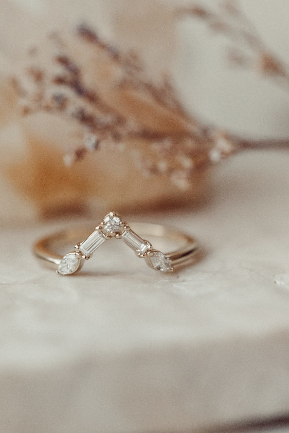 Multi Stone V Shape Solid 10K Yellow Gold Promise Band, Wishbone Bridal ...