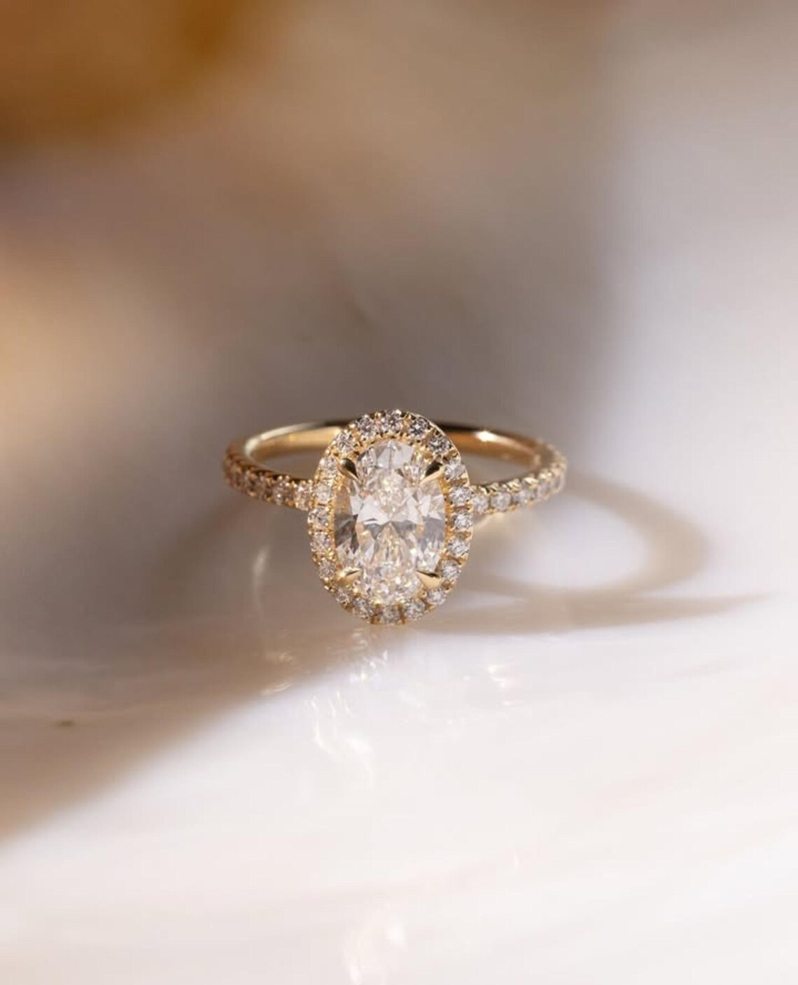 Oval Cut Halo Lab Grown Diamond Engagement Ring: Solid Gold Pavé Band ...
