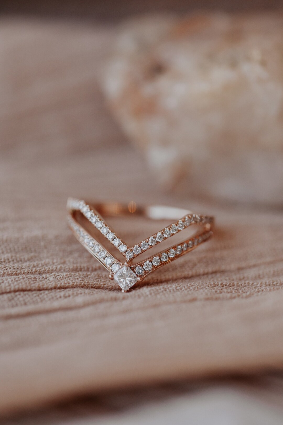 Double Row Deep V Shape Band Stackable Half Eternity Wedding Band ...