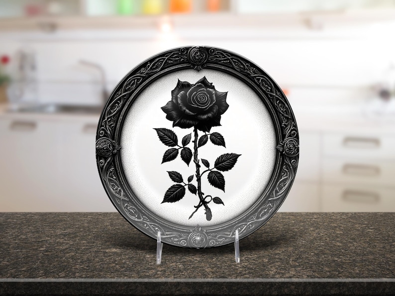 Gothic Black Rose Plate - Dark Floral Dinnerware With Ornate Border - Etsy