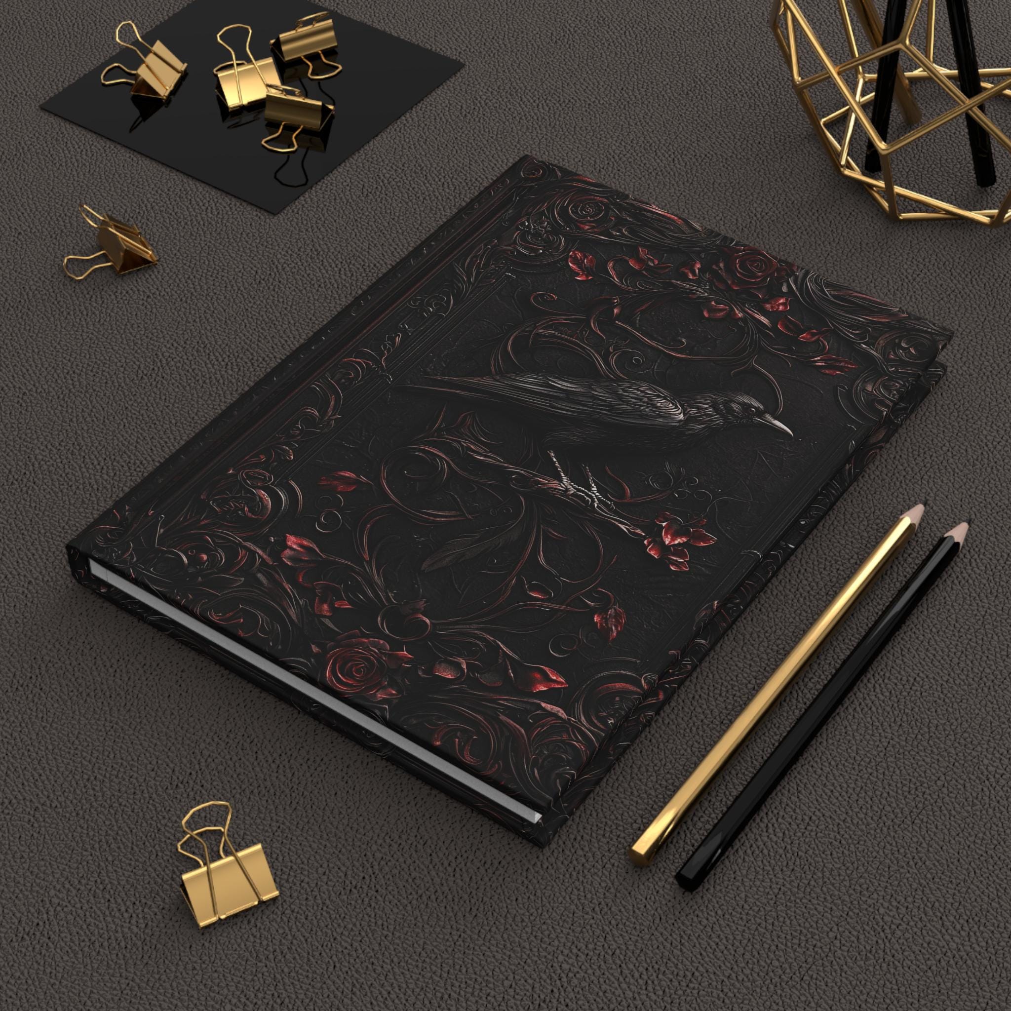 Black Raven Journal With Intricate Floral Design - Gothic Stationery - Etsy