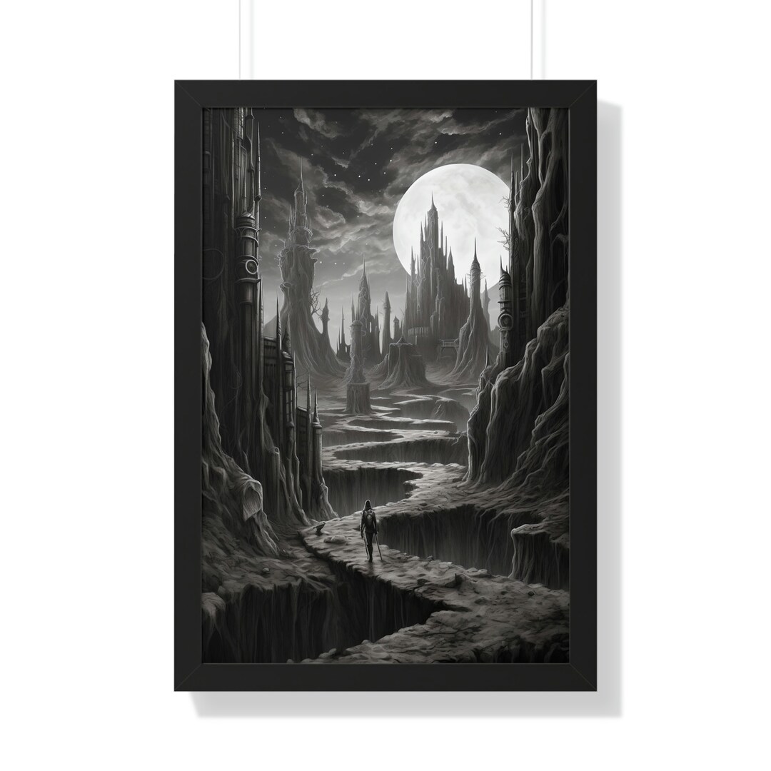 Framed Poster Approaching the Dark Castle Fantasy Art Black and White ...