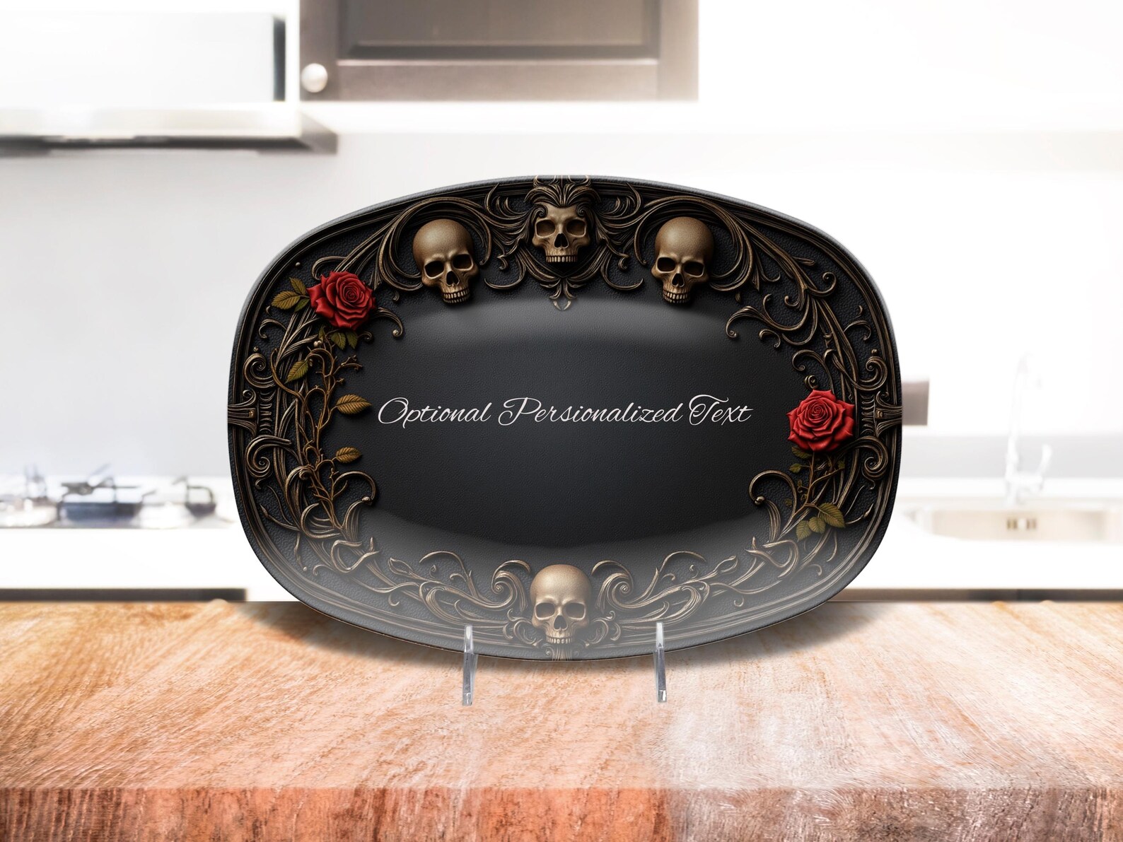 Gothic Skull and Rose Oval Platter - Personalized Dark Elegant Serving ...
