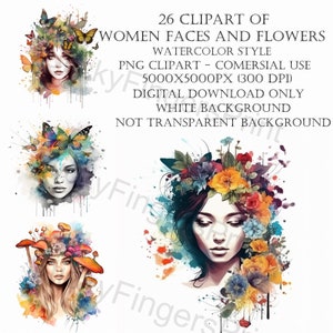 26 PNG Clipart of Women Faces and Flowers WATERCOLOR Style Comersial ...