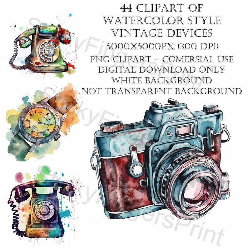 44 PNG Bundle of Clipart Watercolor Style Vintage Devices Comersial Use ...