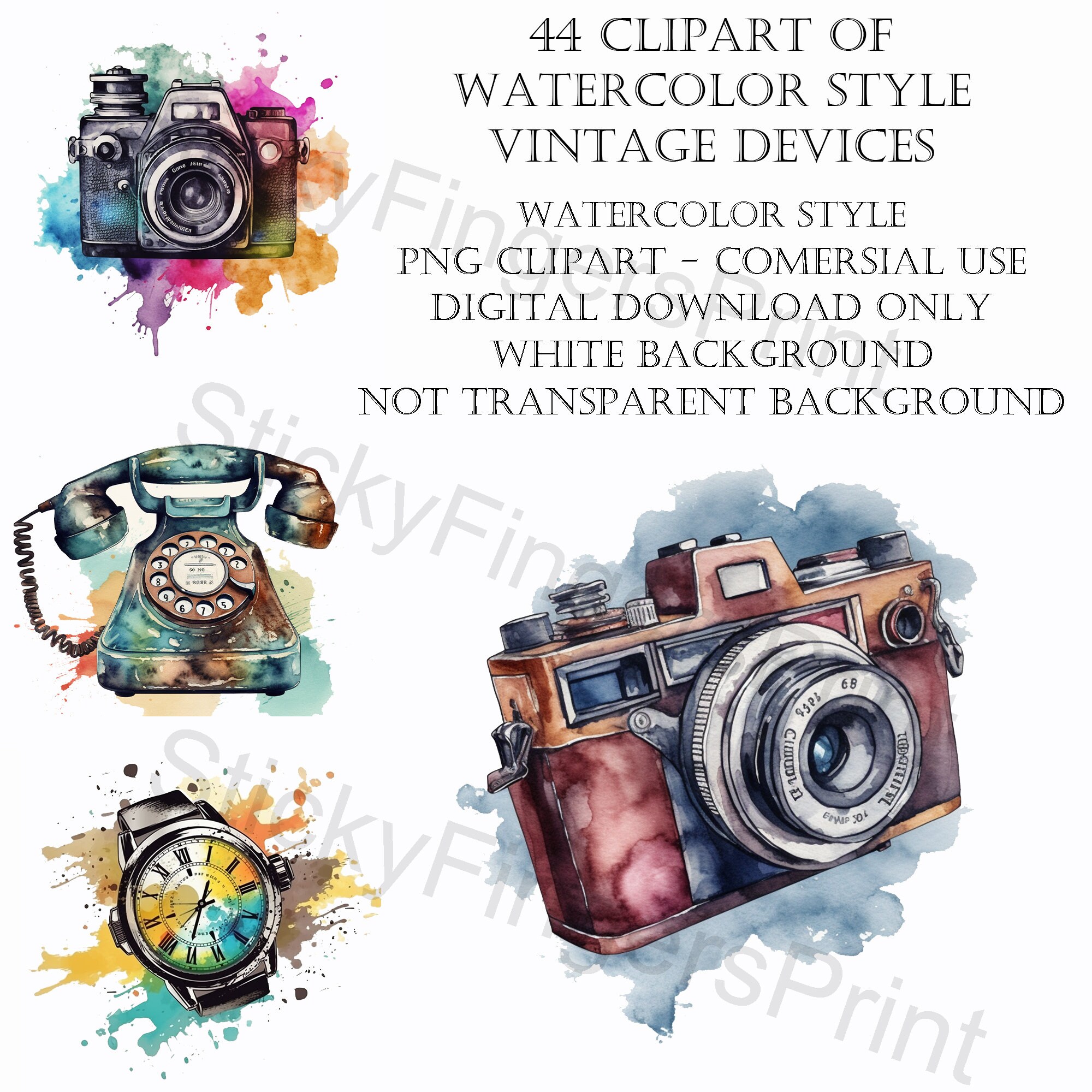 44 PNG Bundle of Clipart Watercolor Style Vintage Devices Comersial Use ...