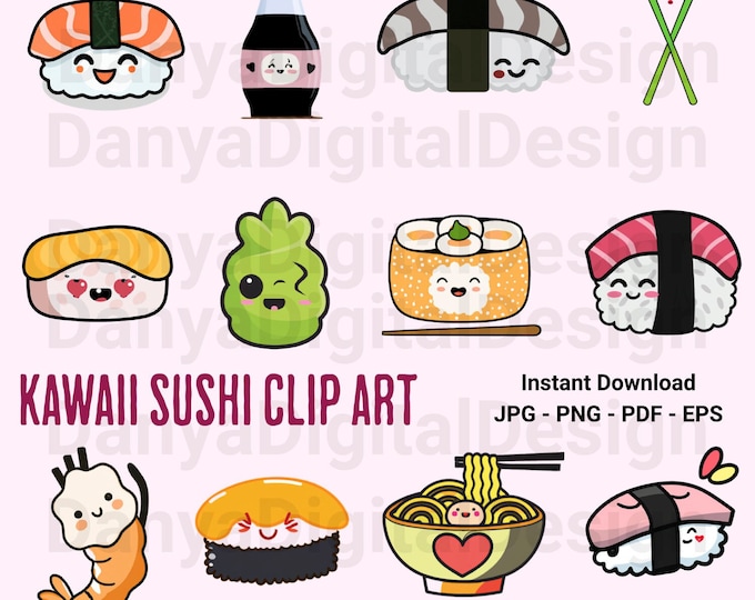 Sushi Kawaii Clipart Bundle Cute Sushi Clip Art Onigiri Nigiri Maki ...