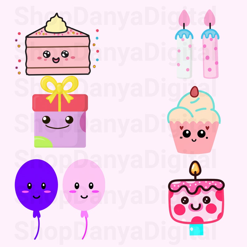 Kawaii Birthday Clipart Set Bundle - Cute Birthday Digital Clipart ...