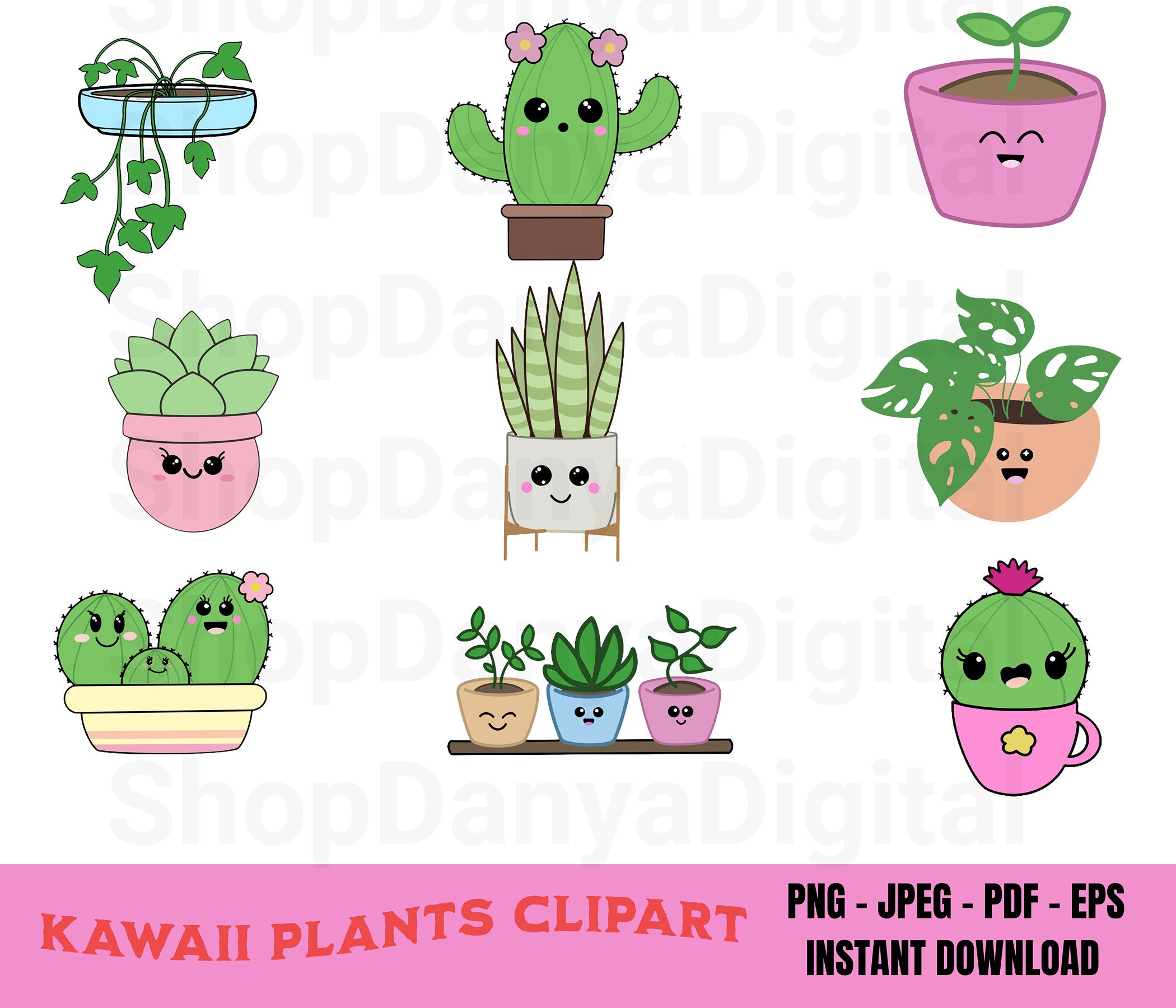 Kawaii Plant Clipart Bundle - Set of Cute House Plant Clipart Cute ...