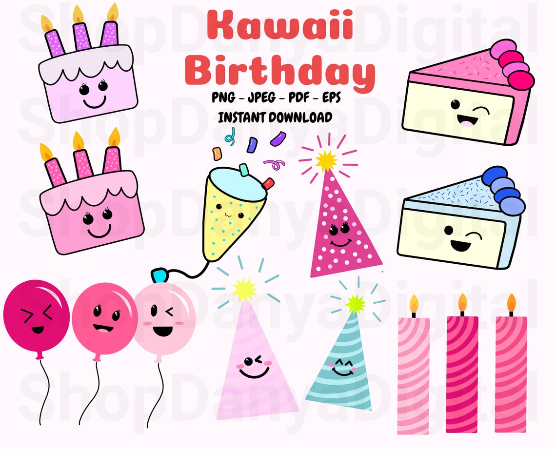 Kawaii Birthday Clipart Bundle - Gift Bag Birthday Supplies Party ...