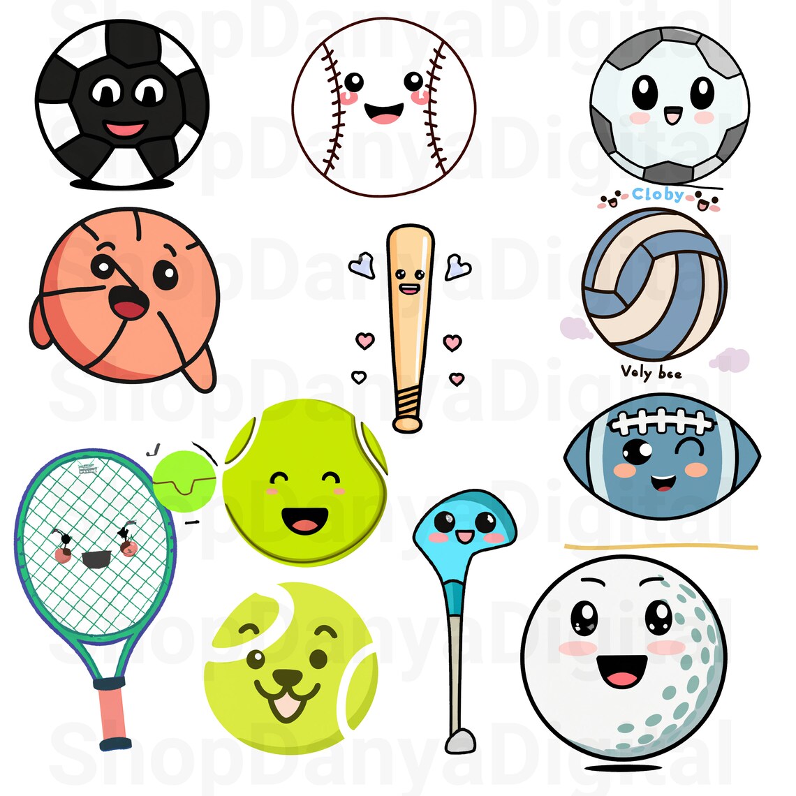 Kawaii Sports Ball Clipart Bundle - Cute Cartoon Ball Clipart - Instant ...