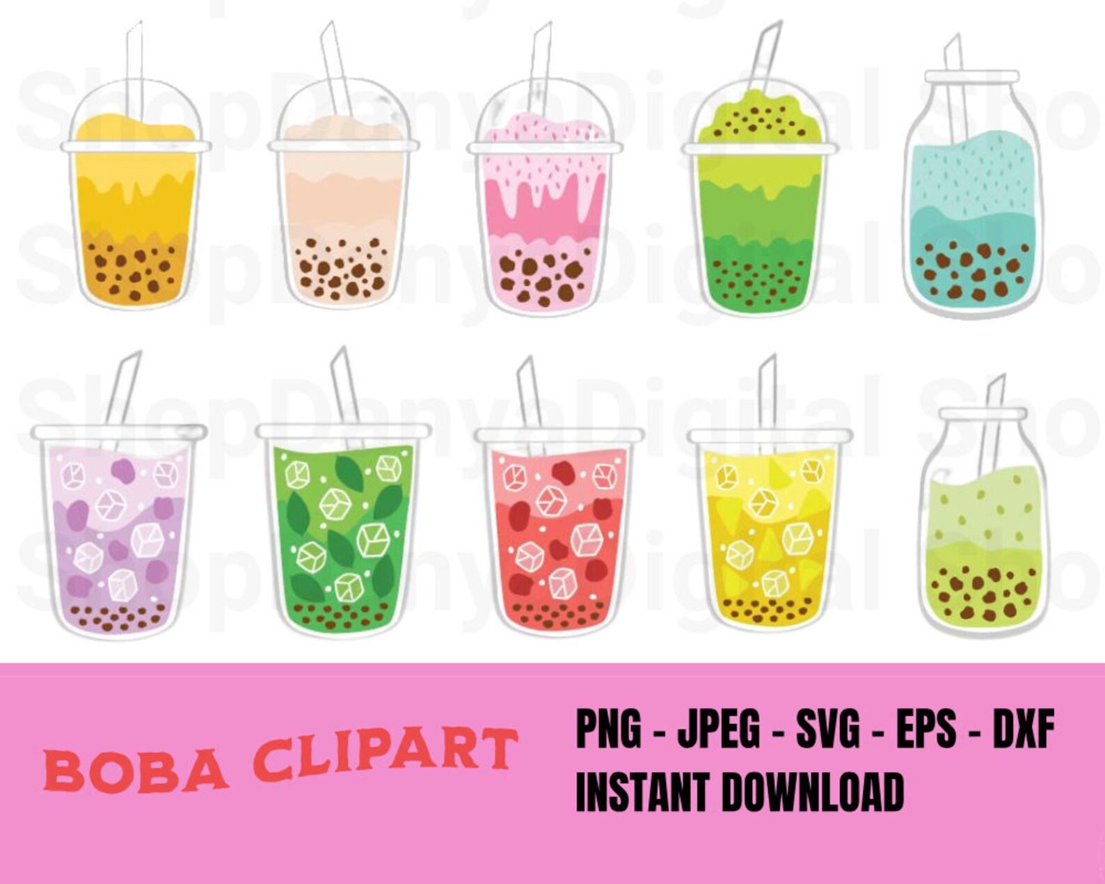 Cute Boba Clipart Instant Download Kawaii Milk Tea Clipart Set Bubble ...