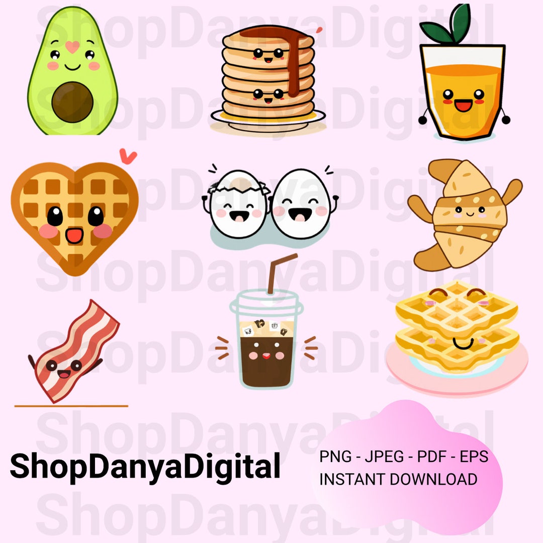 Kawaii Breakfast Clipart Cute Kawaii Clipart Cartoon Food - Etsy