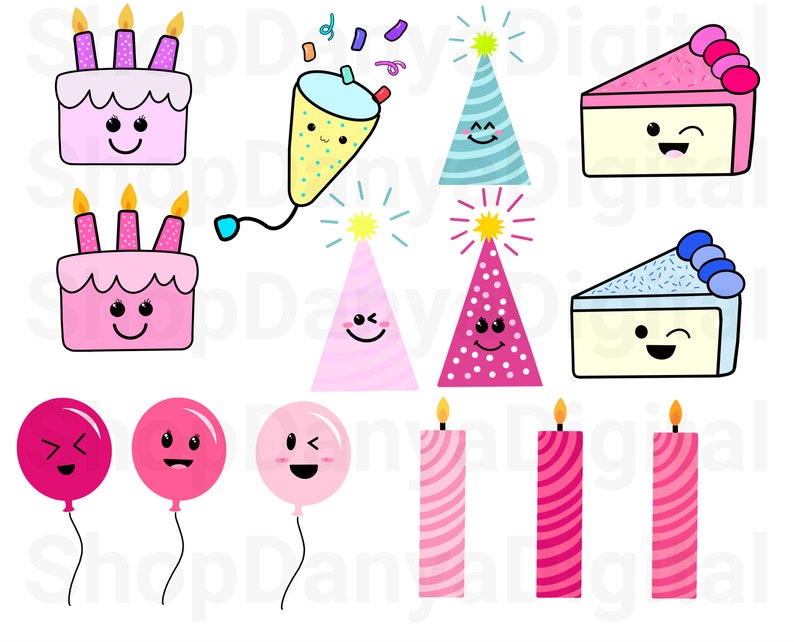 Kawaii Birthday Clipart Bundle - Gift Bag Birthday Supplies Party ...