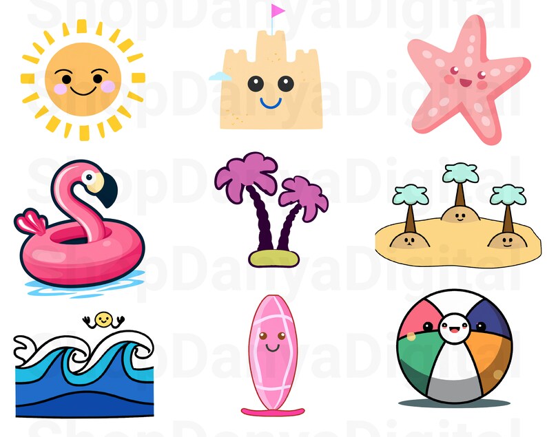 Beach and Pool Kawaii Clipart Bundle - Cute Beach Pool Summer Time ...