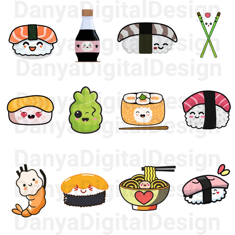 Kawaii Sushi Clipart Bundle Cute Sushi Clip Art Nigiri Ramen Noodles ...
