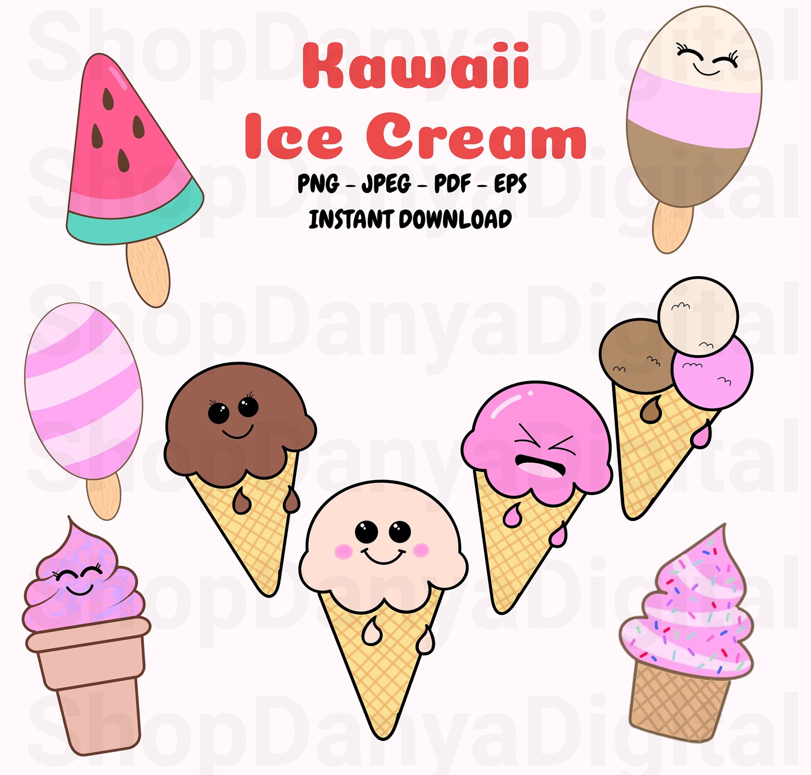 Kawaii Ice Cream Clipart Bundle Cone Clipart Ice Cream Scoop Ice Cream ...