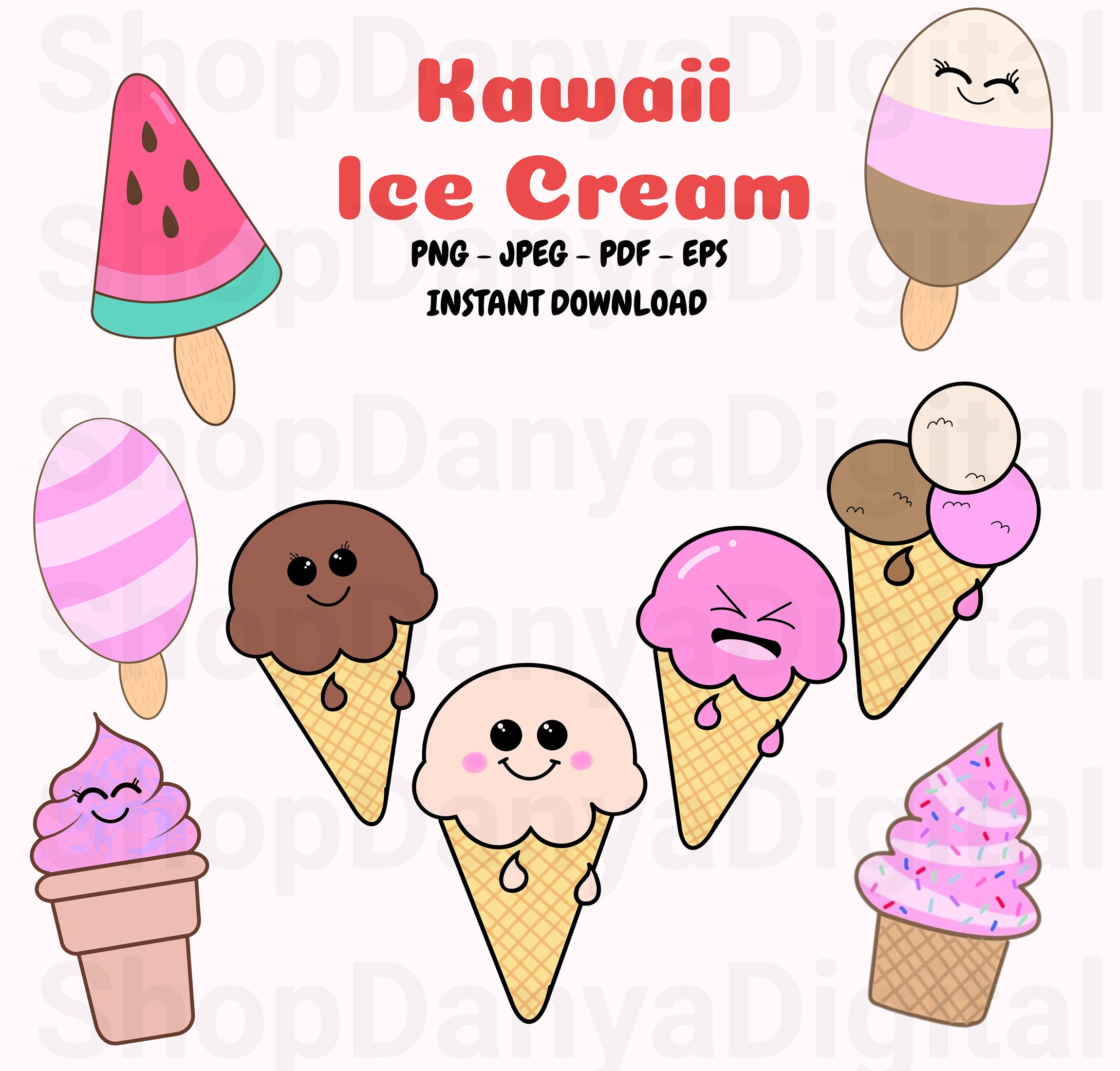 Kawaii Ice Cream Clipart Bundle Cone Clipart Ice Cream Scoop Ice Cream ...