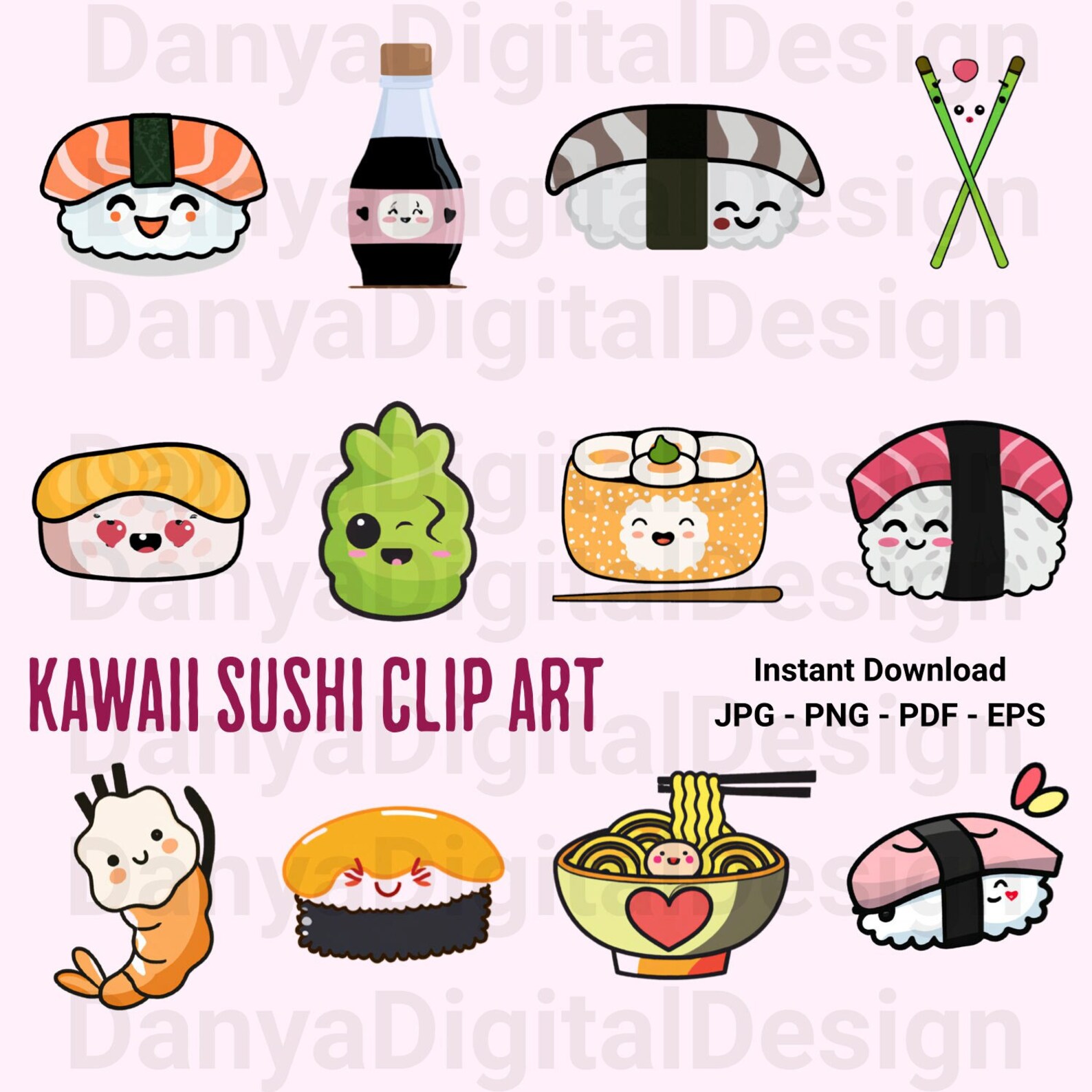 Kawaii Sushi Clipart Bundle Cute Sushi Clip Art Nigiri Ramen Noodles ...