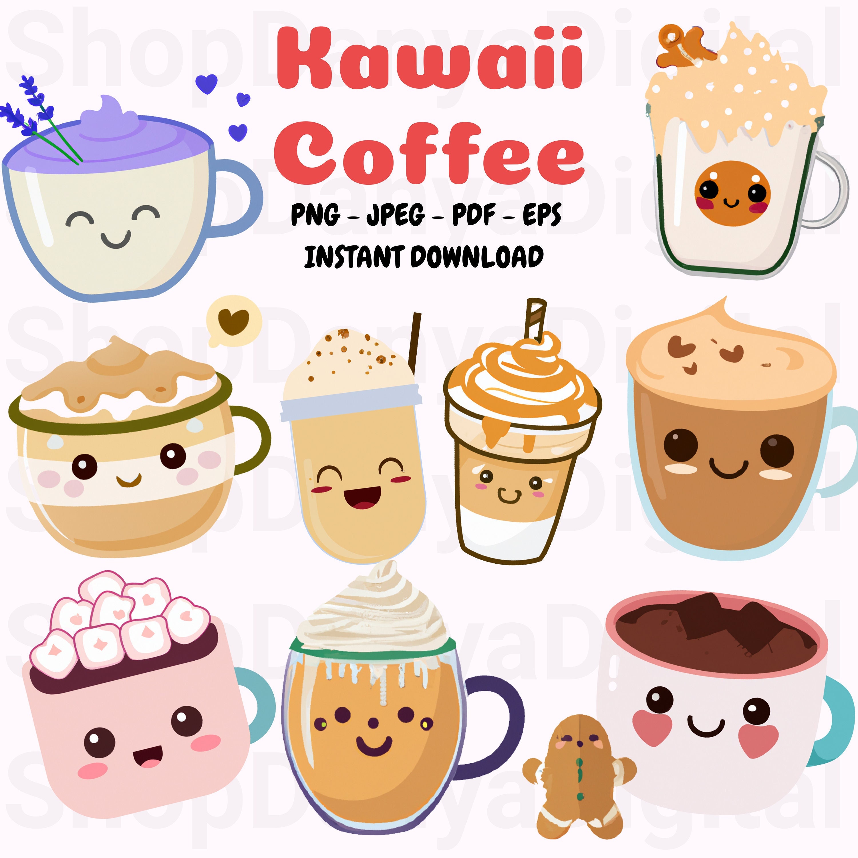 Kawaii Coffee Clipart Bundle Cute PNG Digital Art Latte Hot Chocolate ...