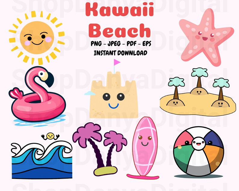 Beach and Pool Kawaii Clipart Bundle Cute Beach Pool Summer - Etsy