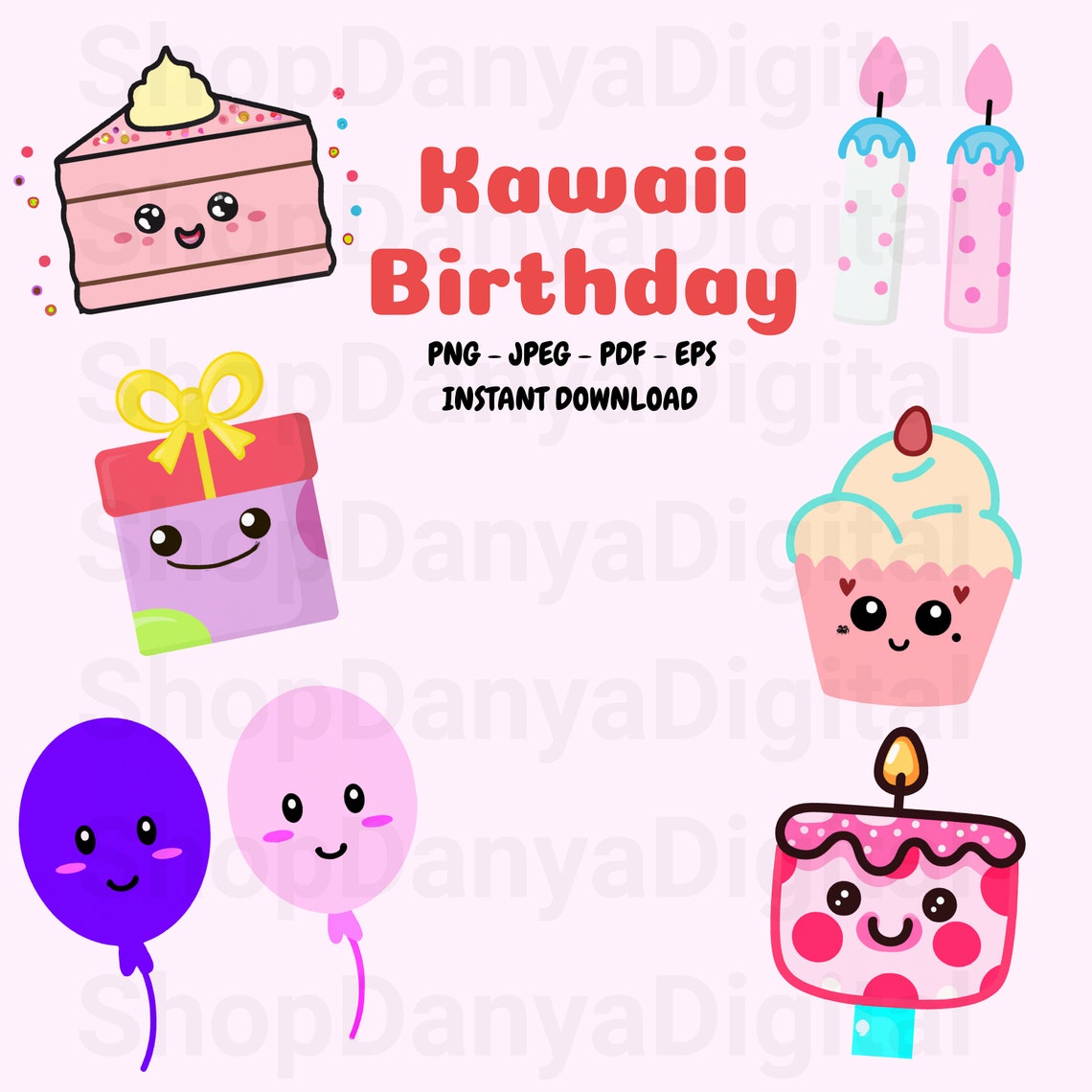 Kawaii Birthday Clipart Set Bundle - Cute Birthday Digital Clipart ...