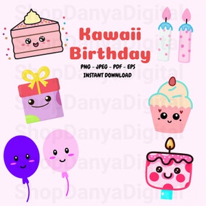 Kawaii Birthday Clipart Set Bundle - Cute Birthday Digital Clipart ...