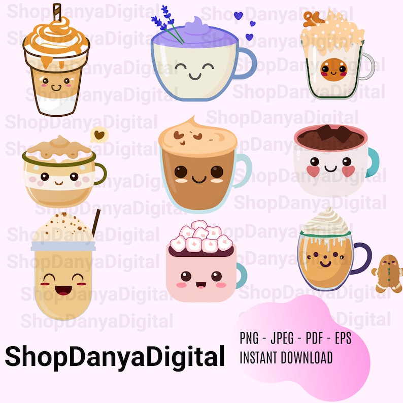 Kawaii Coffee Clipart Bundle Cute PNG Digital Art Latte Hot Chocolate ...