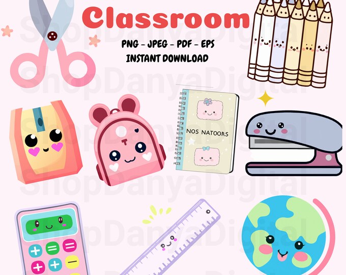 Kawaii School Clipart Set. Cute Digital Clipart Bundle for Personal ...