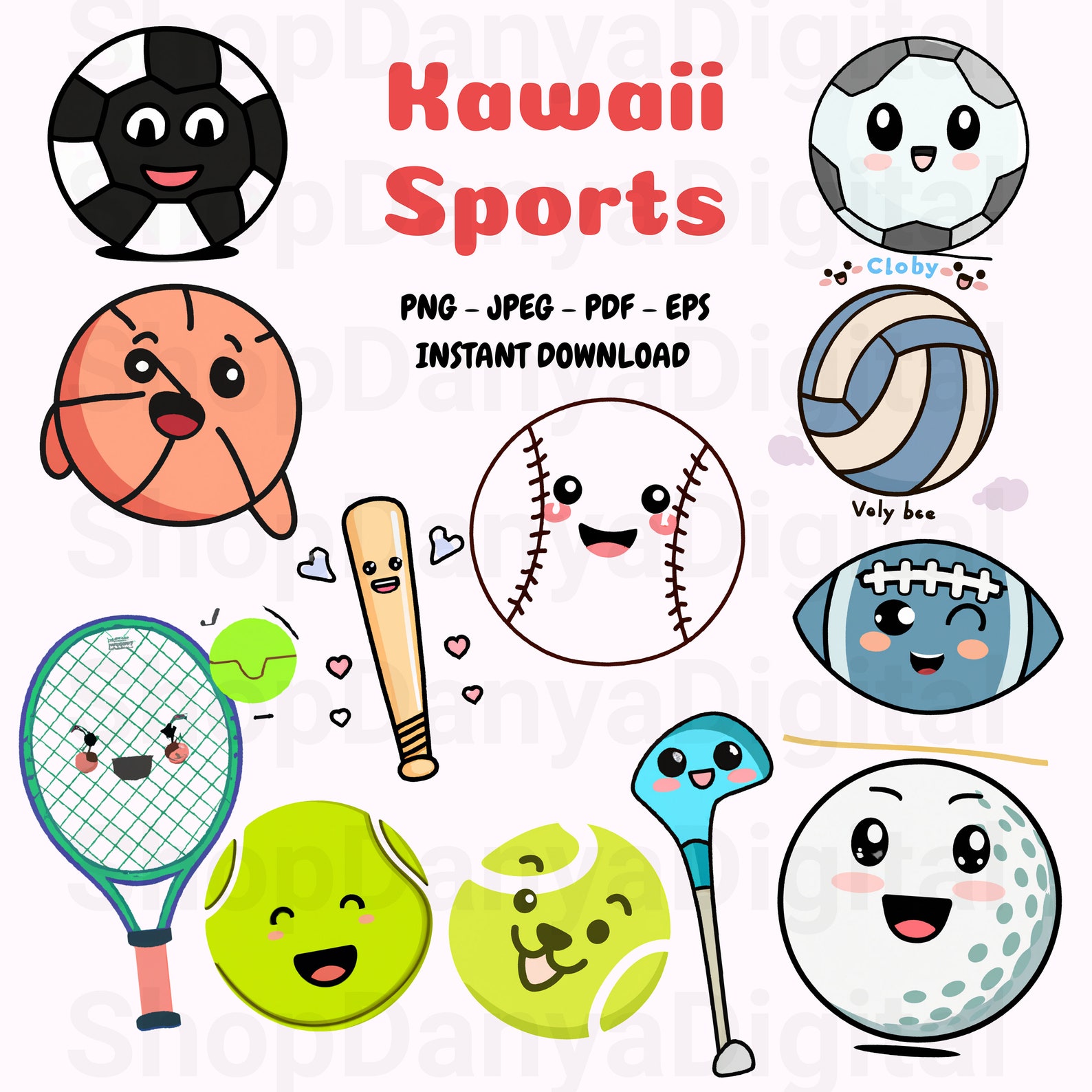 Kawaii Sports Ball Clipart Bundle - Cute Cartoon Ball Clipart - Instant ...