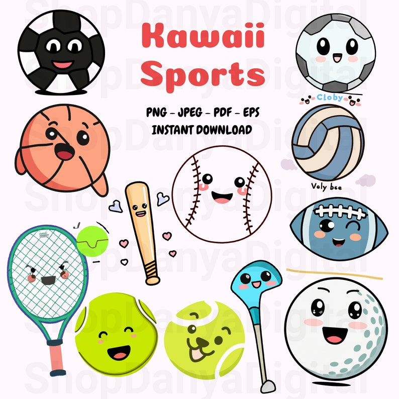 Kawaii Sports Ball Clipart Bundle - Cute Cartoon Ball Clipart - Instant ...