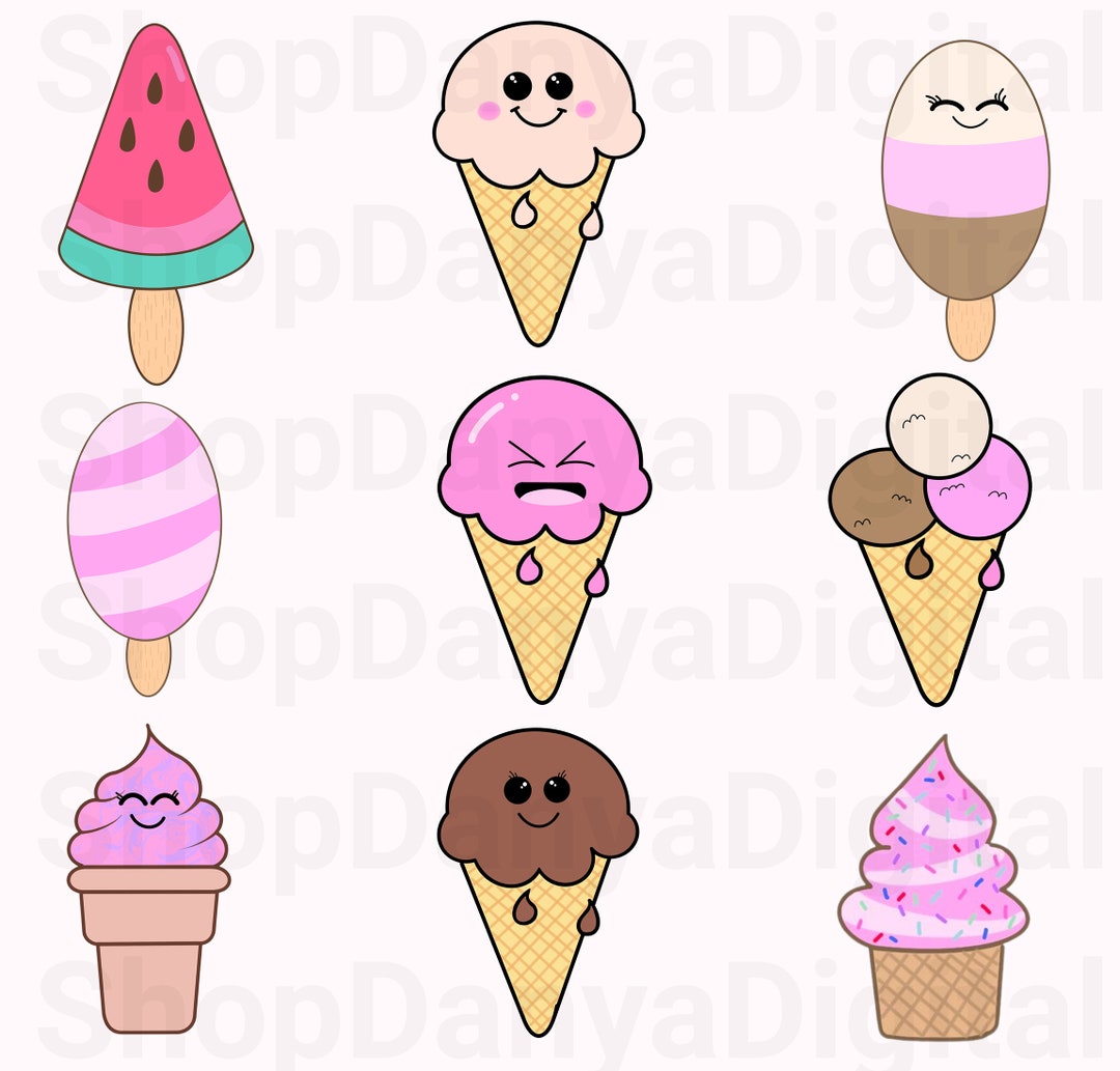 Kawaii Ice Cream Clipart Bundle Cone Clipart Ice Cream Scoop Ice Cream ...