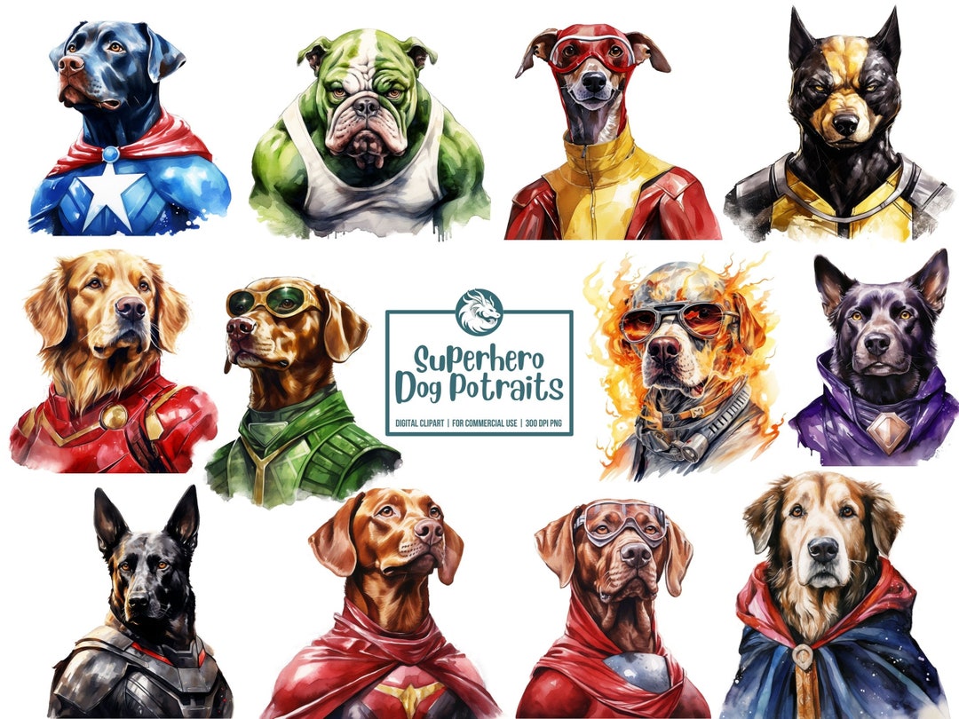 Watercolor Superhero Dogs Clipart | 16 PNG Illustrations (digital ...