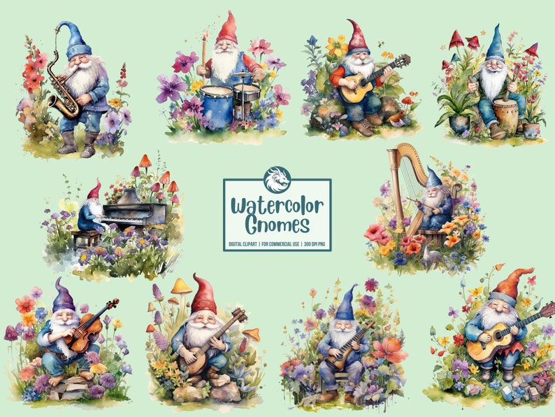 18 Watercolour Gnomes | Musical Gnomes | Garden Gnomes Clipart | Garden ...