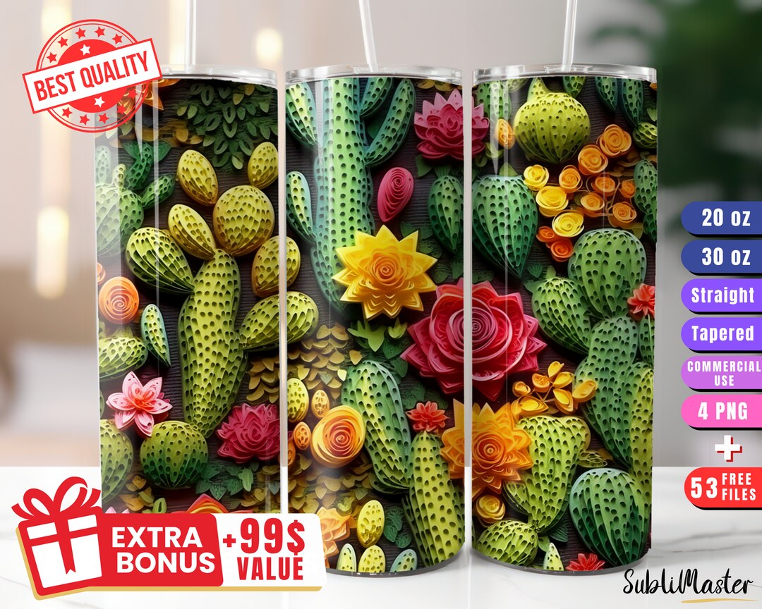 20oz & 30oz 3D Cactus Tumbler Wrap PNG, Seamless, Straight, Tapered ...