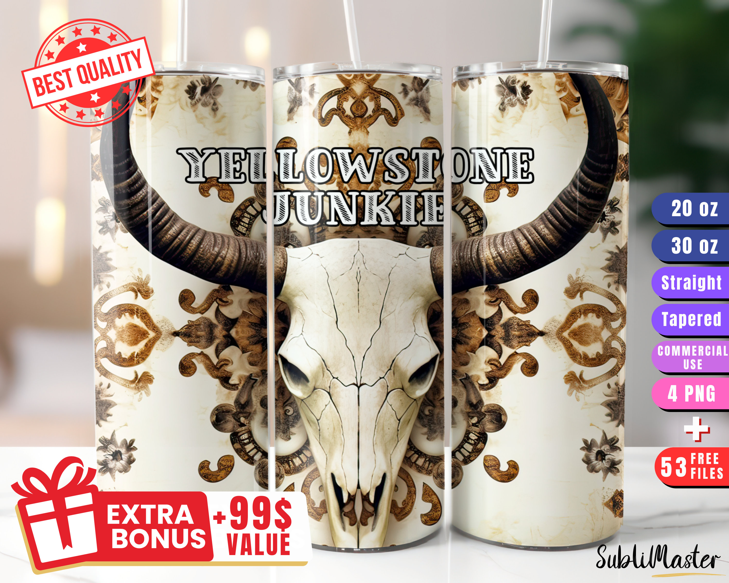 Yellowstone Tumbler Wrap, 20oz and 30oz, Straight & Tapered, Bull Skull ...