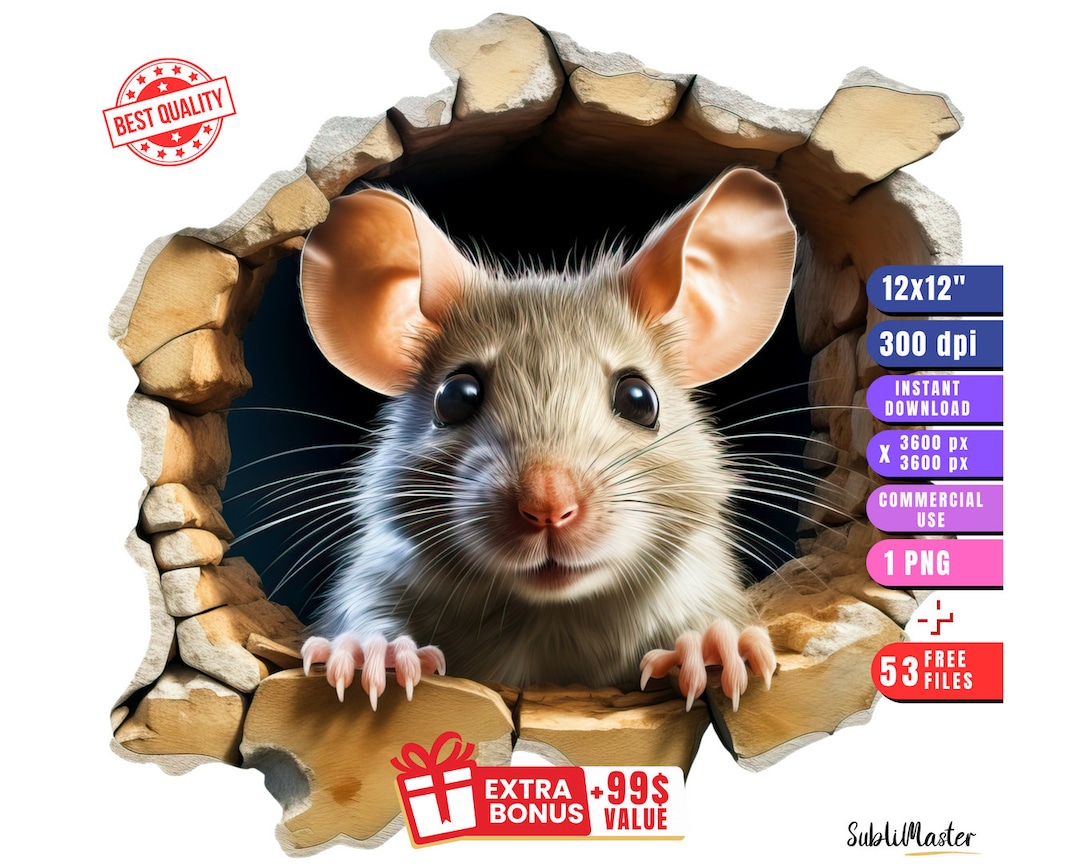 3D Cute Mouse in Hole PNG, Wall Decor Design, Sublimation Designs ...