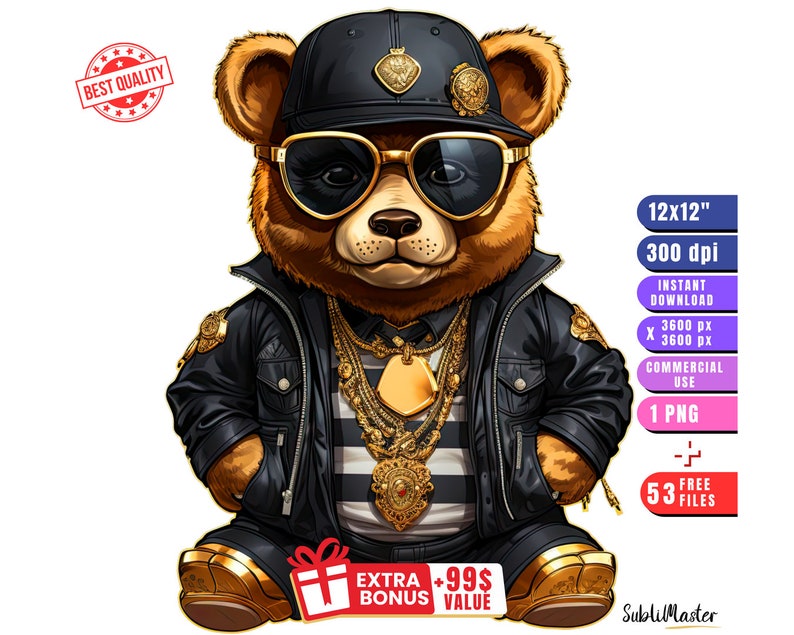 Rich Teddy Bear Design PNG Gangsta Golden Streetwear - Etsy
