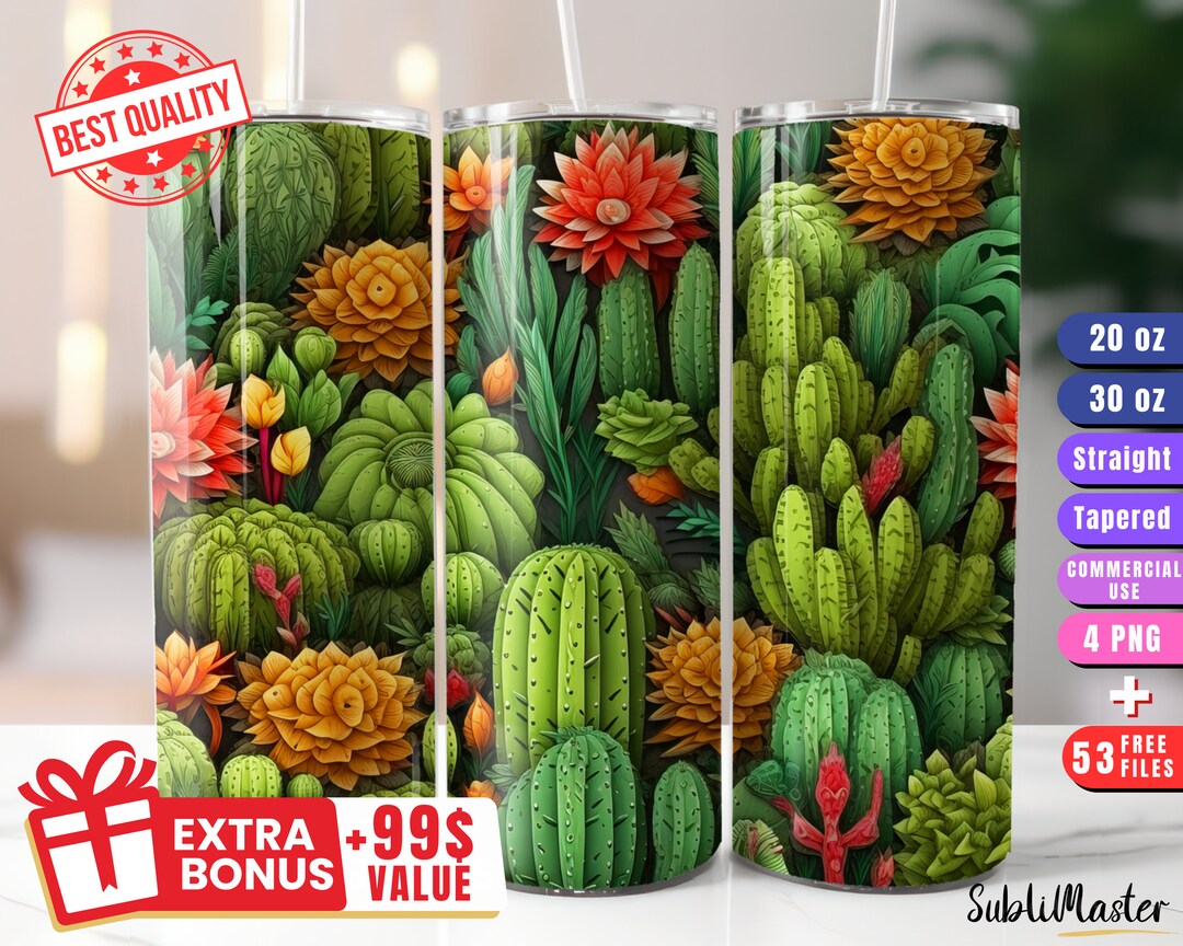 3D Cactus Tumbler Wrap, 20oz & 30oz, PNG, Seamless, Straight, Tapered ...
