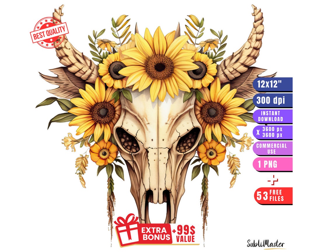 Sunflower Bull Skull PNG Sublimation Designs Western Bull - Etsy