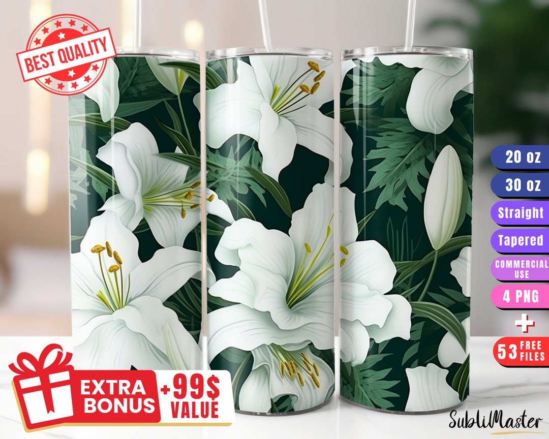 3D White Lilies Flowers 20 Oz & 30oz PNG Tumbler, Seamless, Straight ...